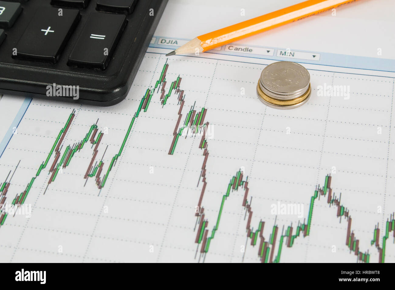 Dow Jones Business chart with calculator, coins, pencil indicates the ...