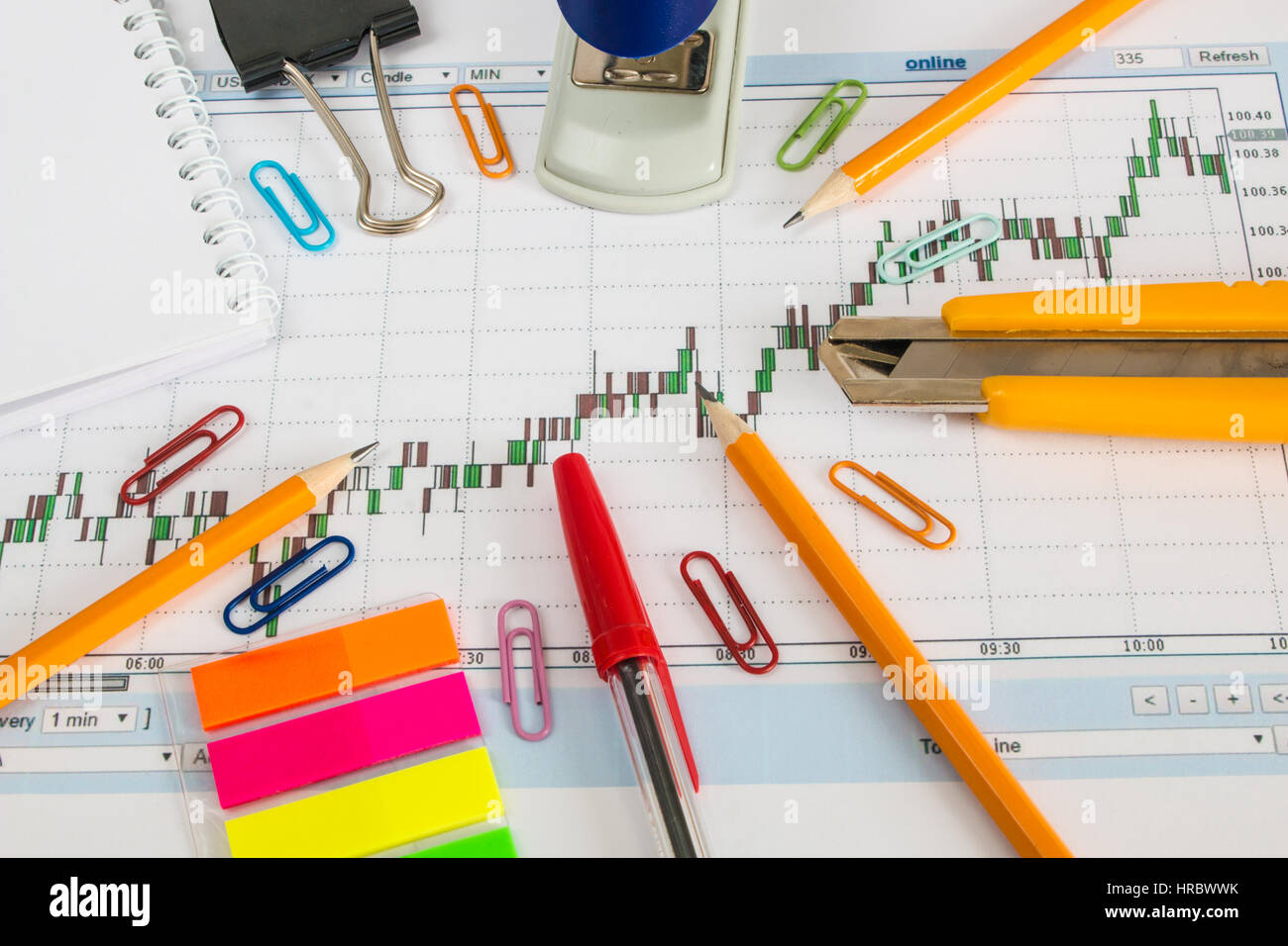 Financial chart on a white background, coins, pens, pencils, paper ...
