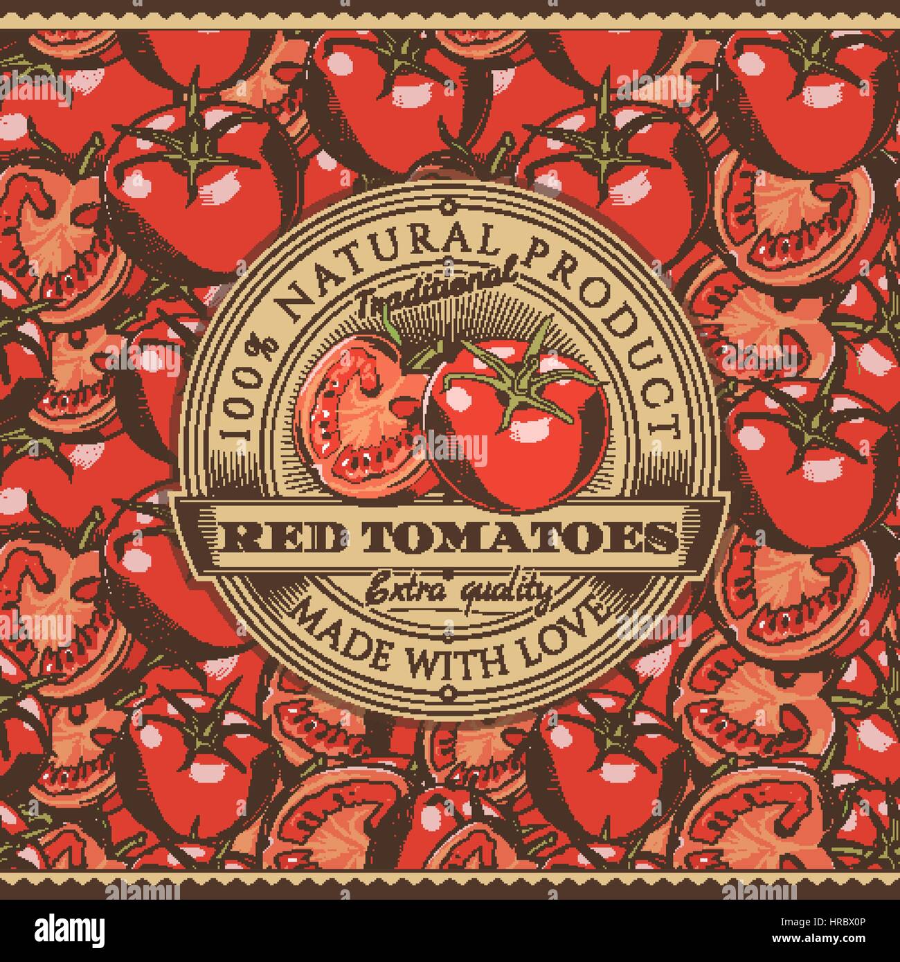 Vintage Red Tomatoes Label On Seamless Pattern Stock Vector Image & Art ...