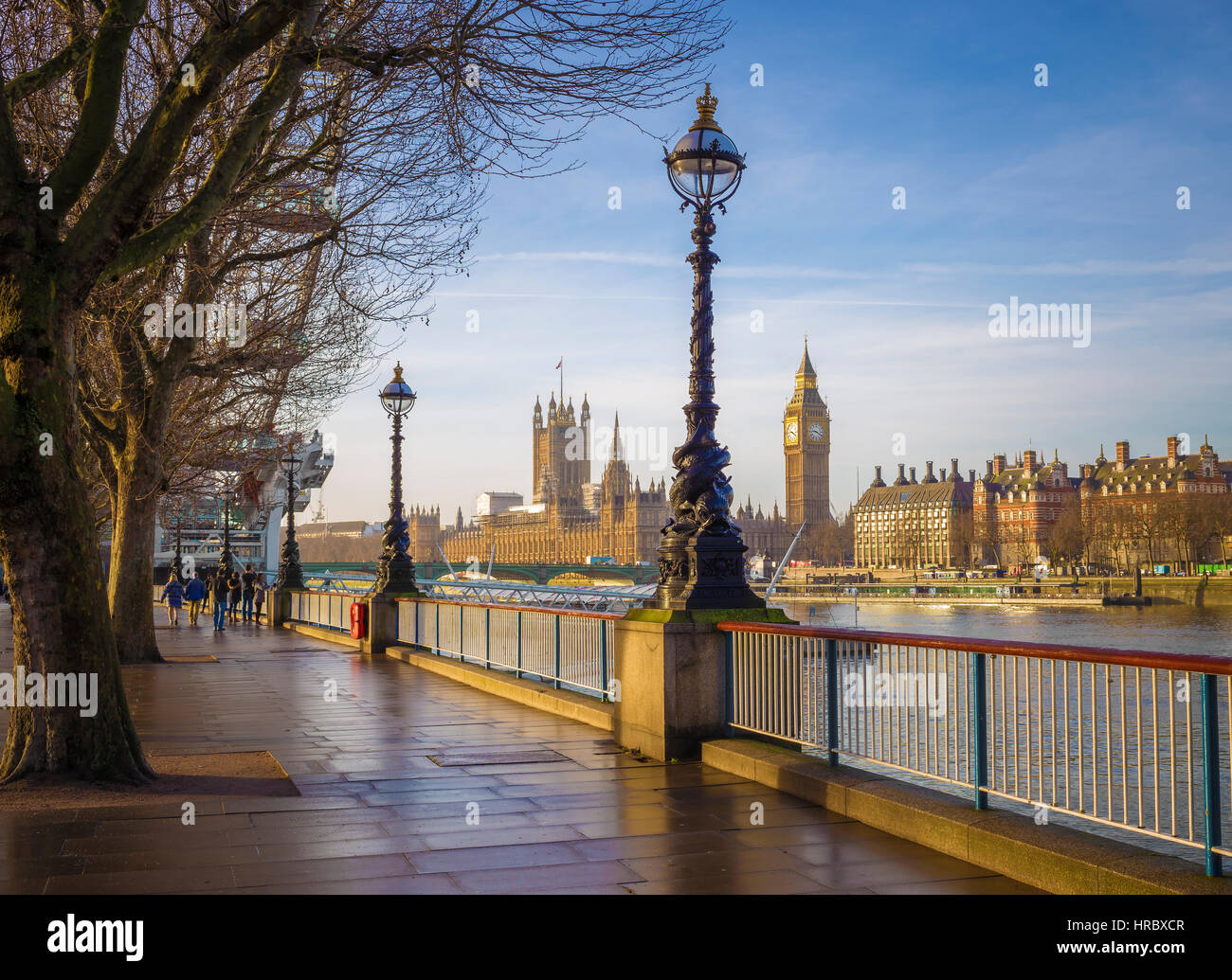 Footpath with Big Ben and Houses of Parliament at early in the morning ...