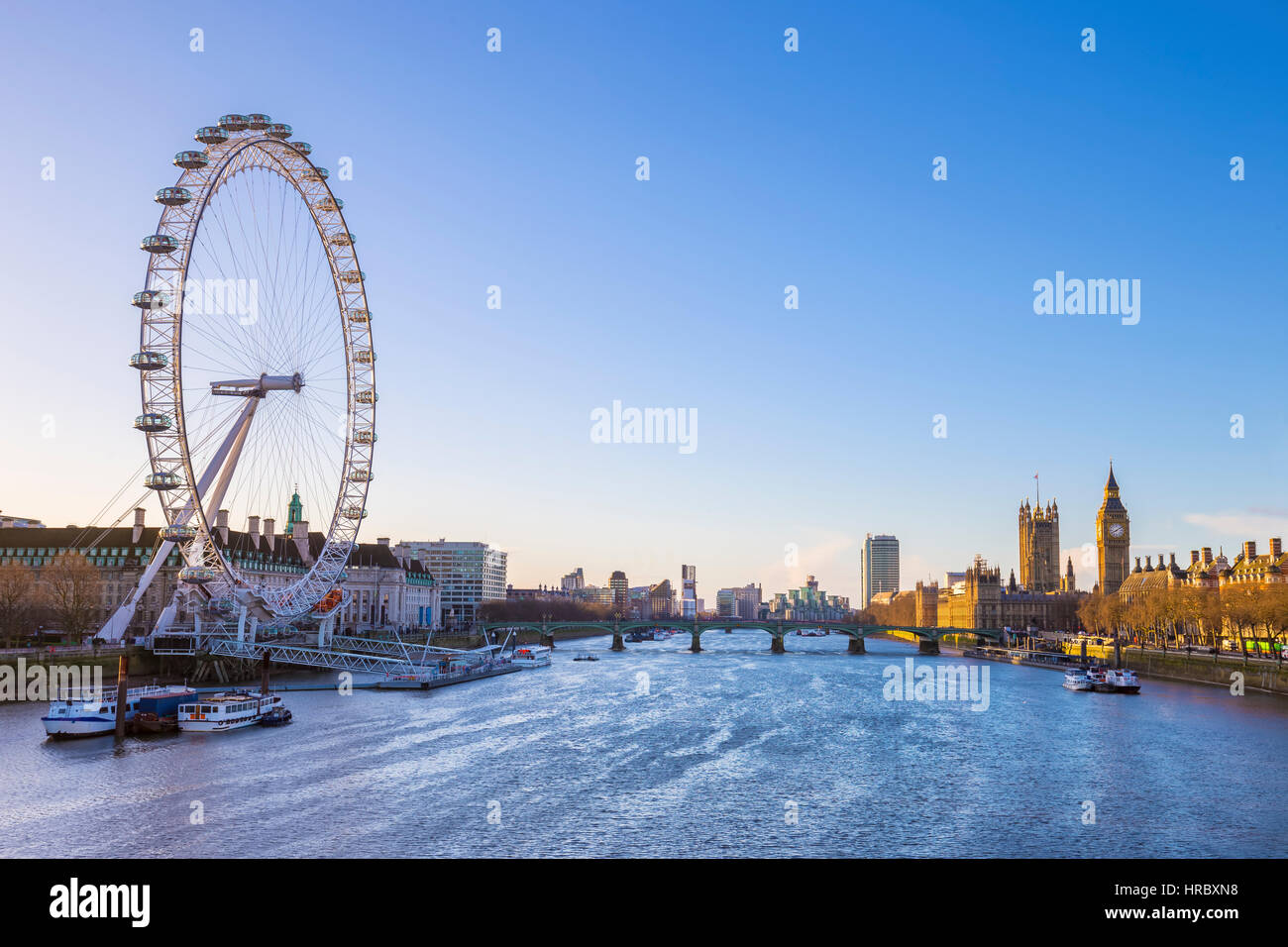 London's skyline view at sunrise with famous landmarks, Big Ben, Houses ...