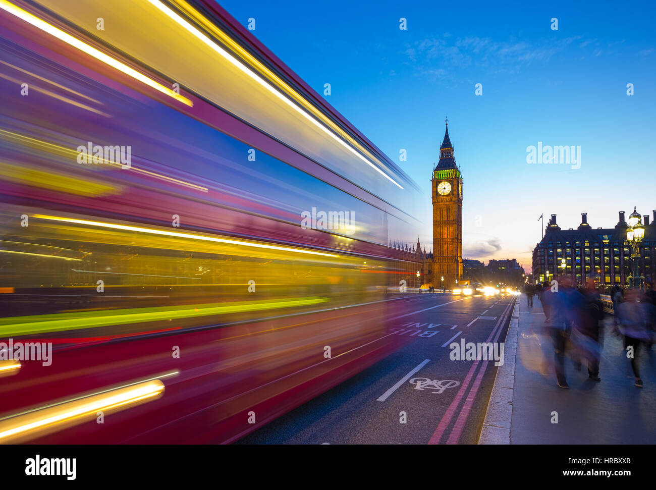 London, England - The famous Big Ben with moving Double Decker bus and ...