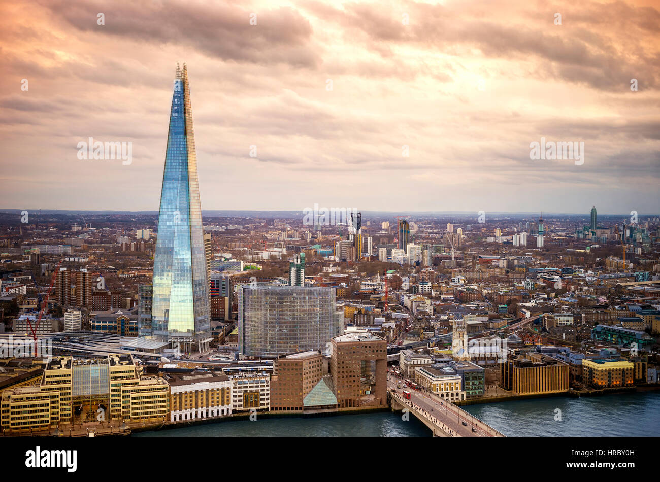 England - Skyline of South London with London Bridge, Shard skyscraper ...