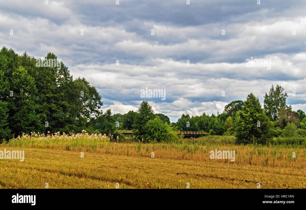 Landscape view - agricultural field and wooden bridge Stock Photo - Alamy