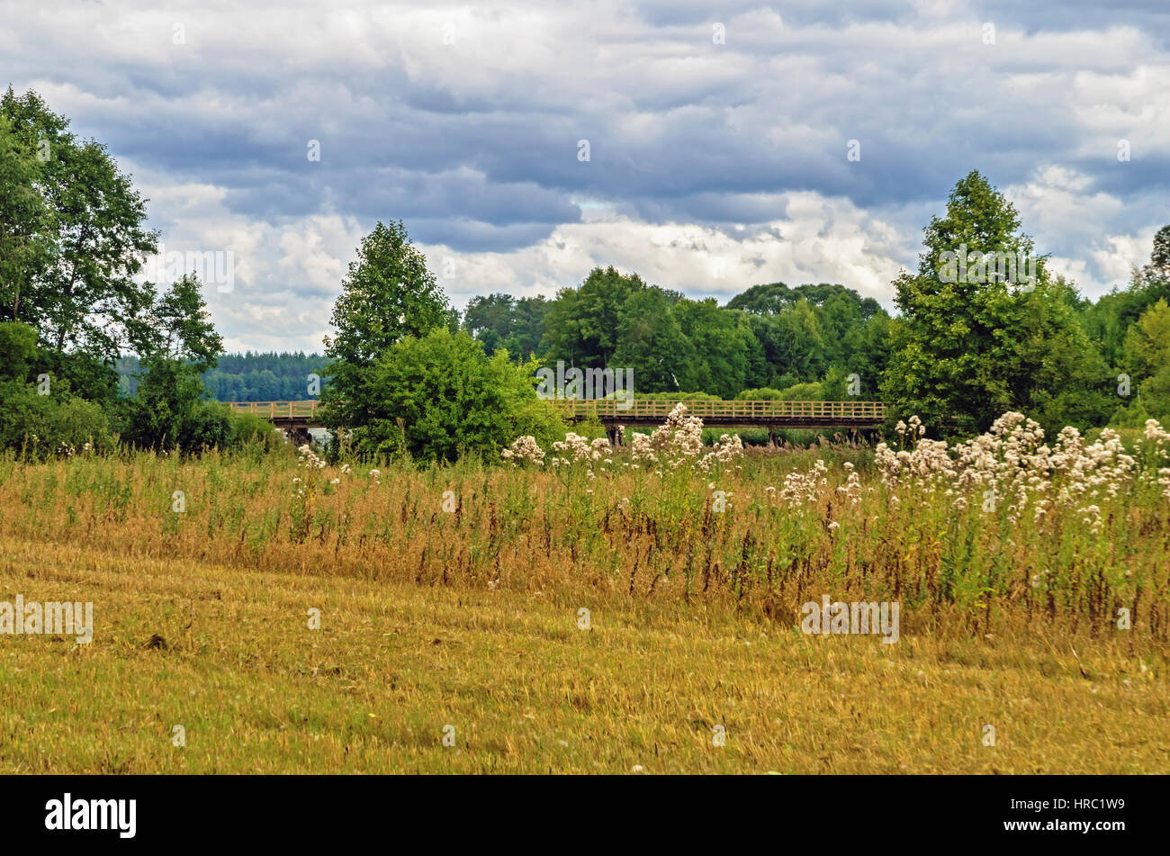 Landscape view - agricultural field and wooden bridge Stock Photo - Alamy