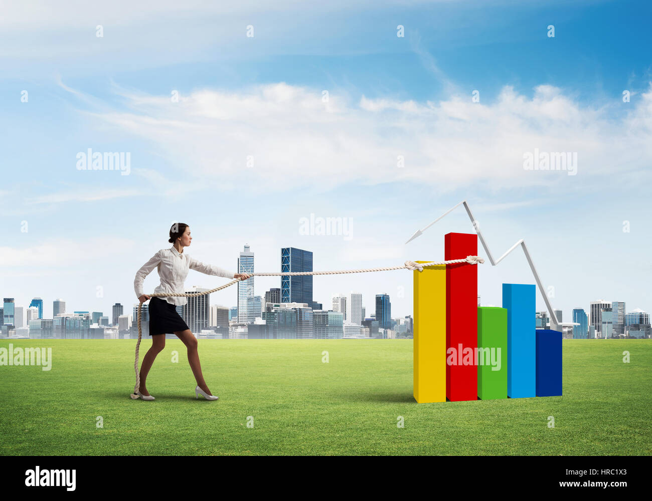 Young woman outdoors and growing graph presenting growth progress Stock ...