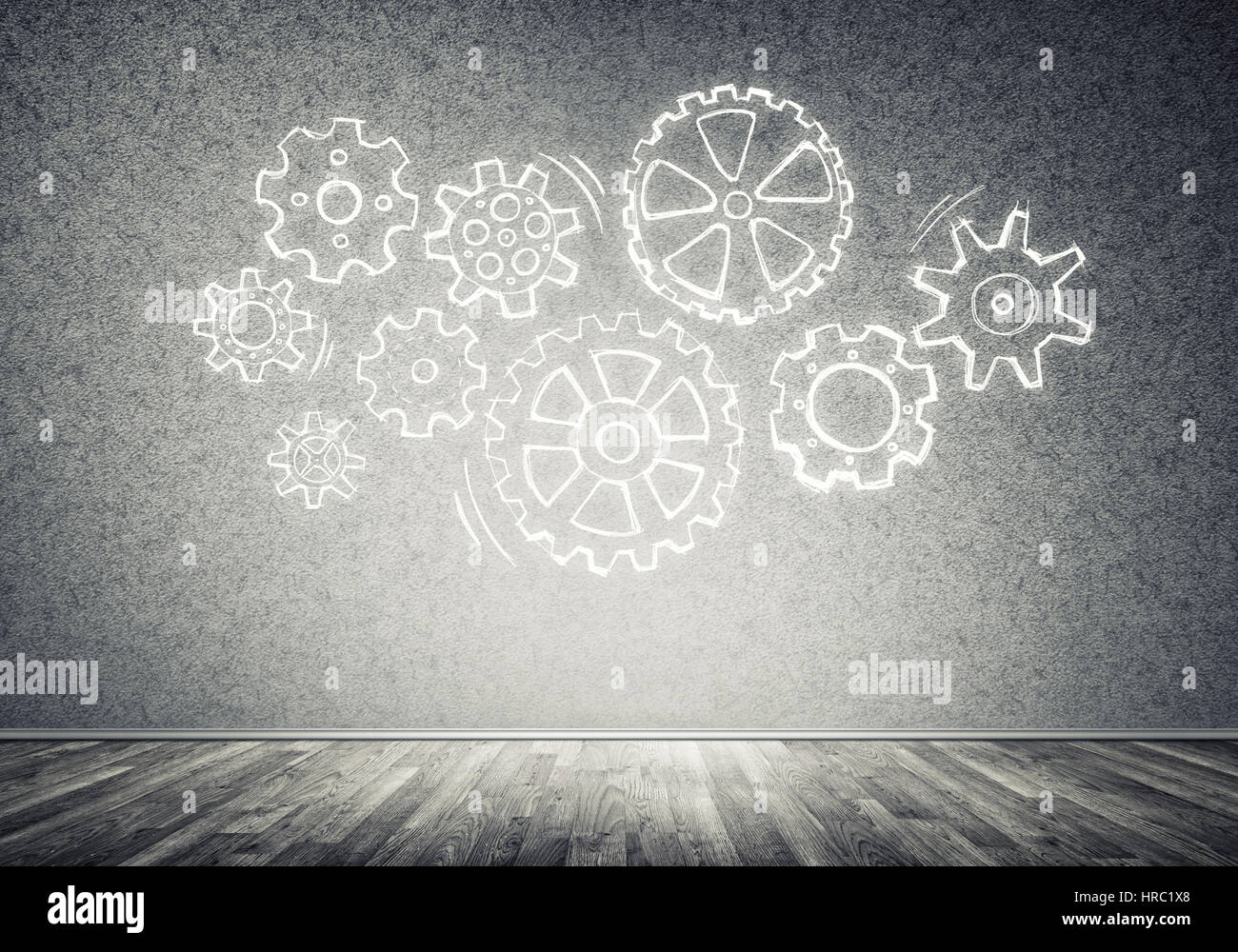 Gear hand drawn mechanism on gray wall Stock Photo - Alamy
