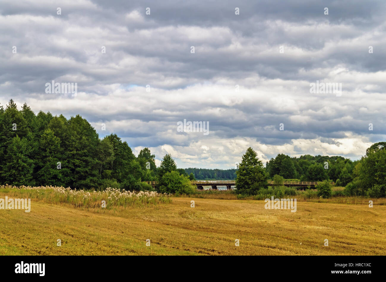 Landscape view - agricultural field and wooden bridge Stock Photo - Alamy