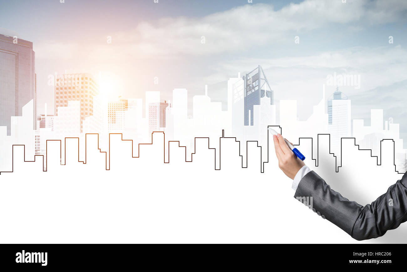 Hand of woman designer drawing with marker construction project Stock ...