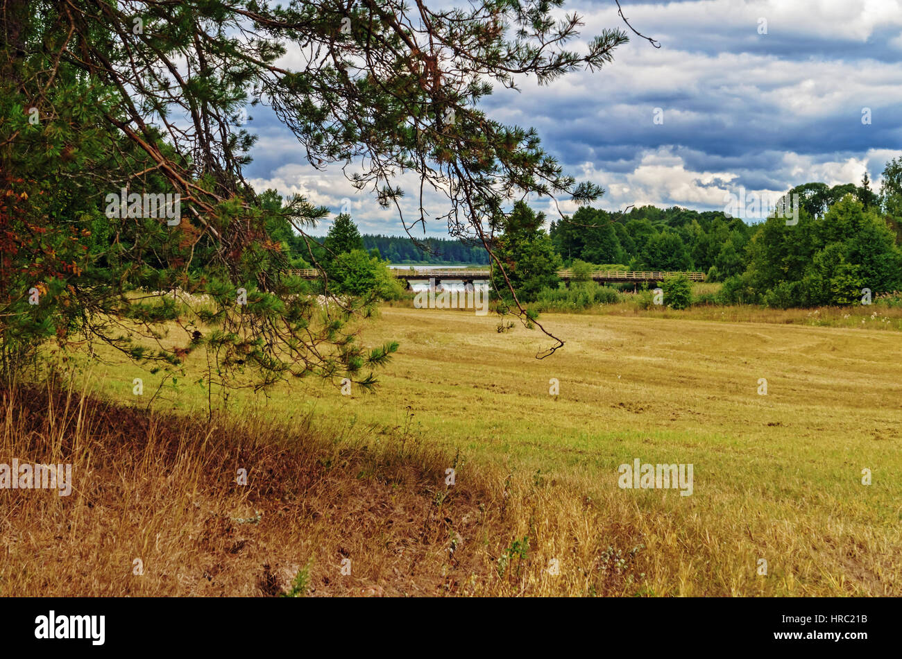Landscape view - agricultural field and wooden bridge Stock Photo - Alamy