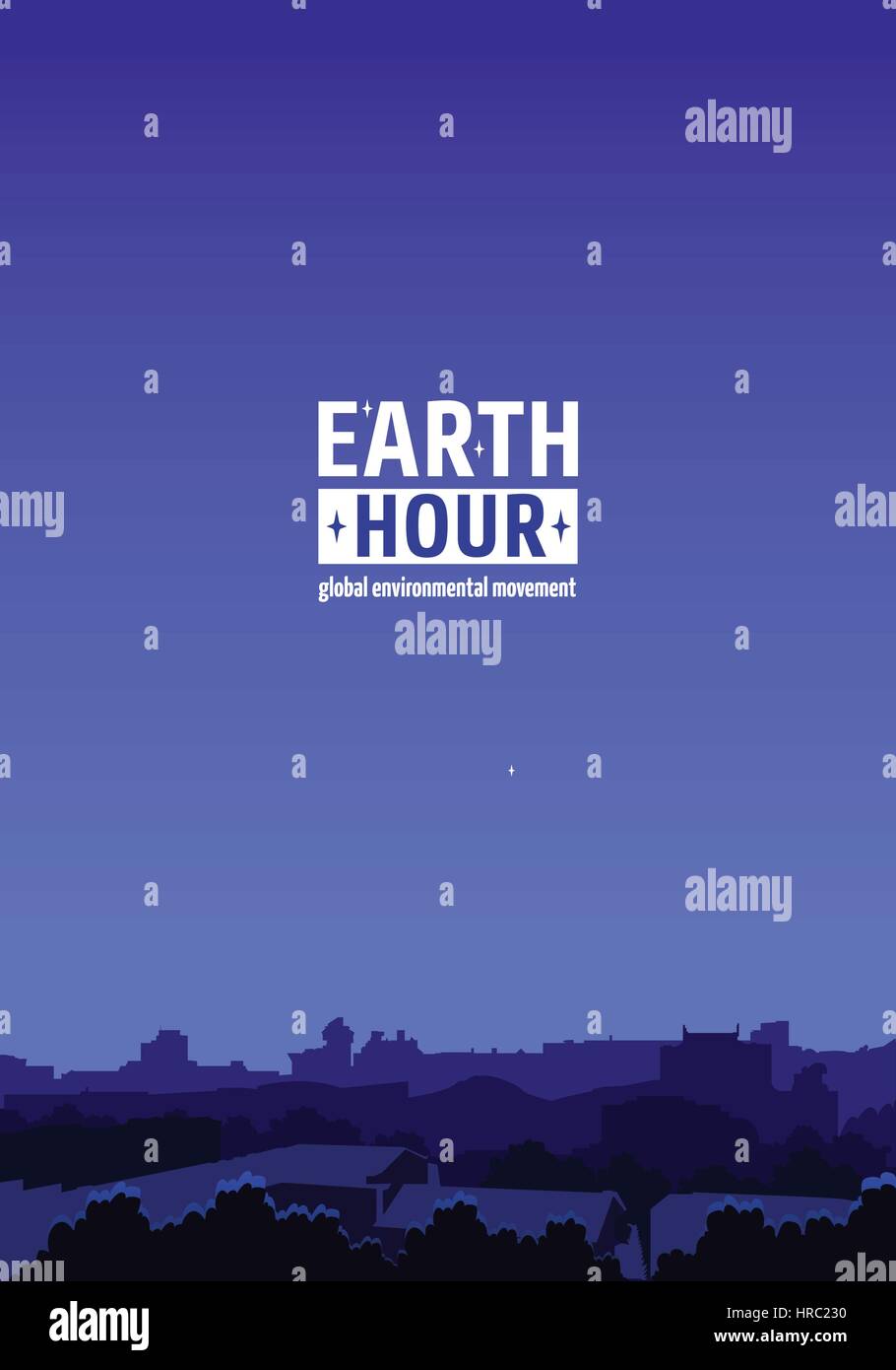 Earth Hour Movement Illustration. Vertical background with dark city ...