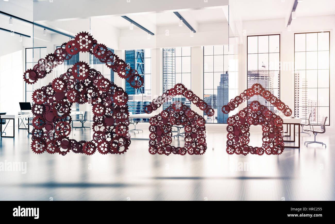 Conceptual background image with house sign made of connected gears. 3d ...