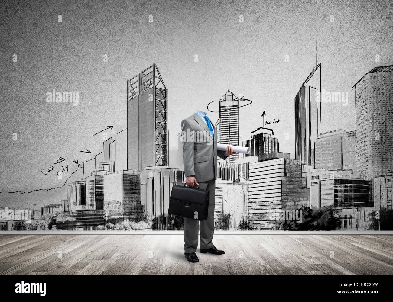 Headless engineer man with papers in hand against construction ...