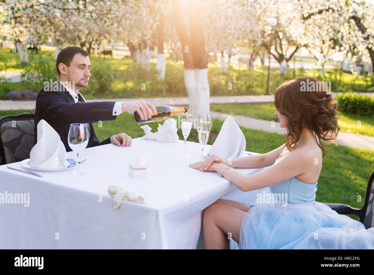 Couple drinking champagne outdoor. Young man making a proposal of ...
