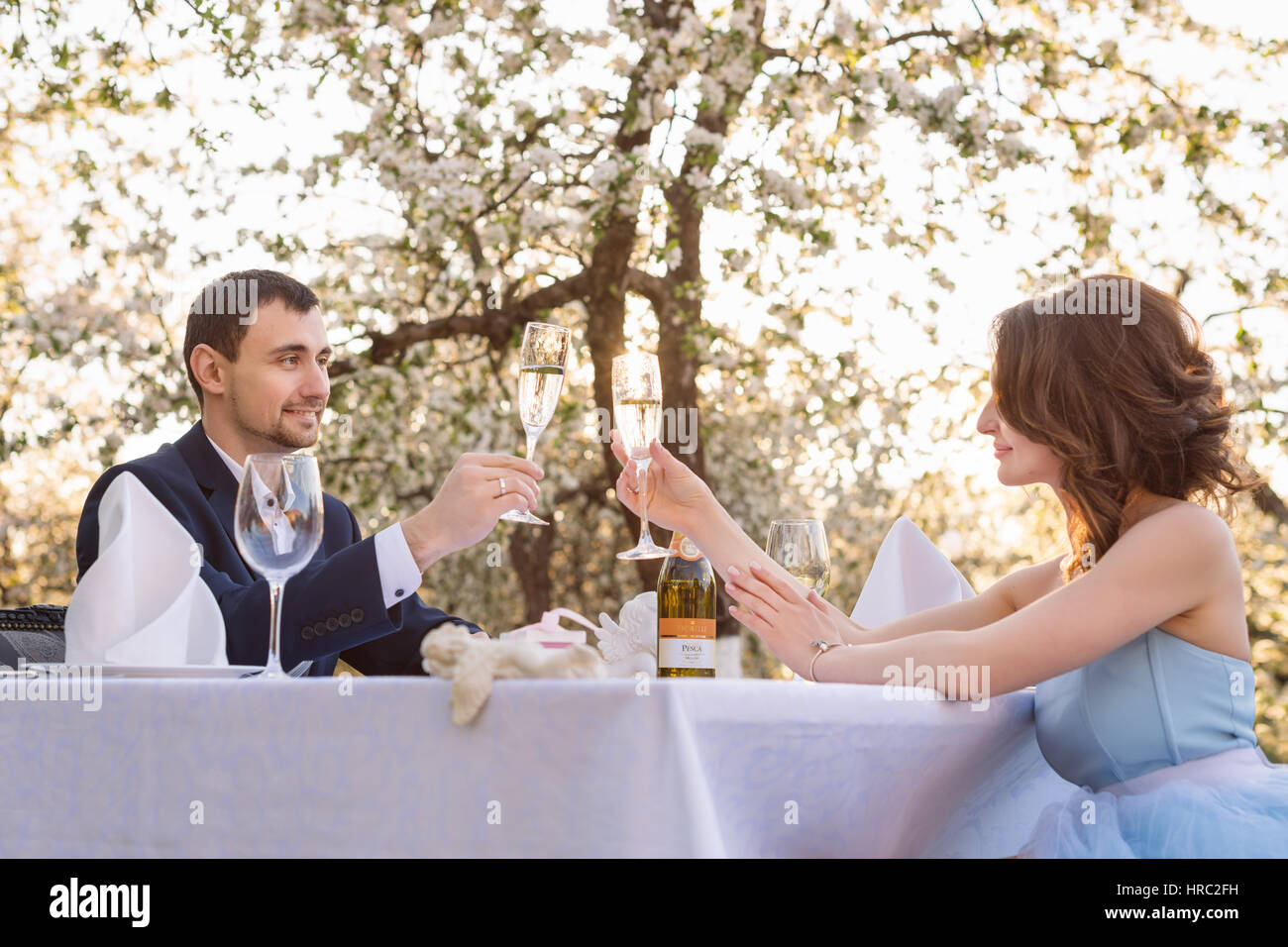 Couple drinking champagne outdoor. Young man making a proposal of ...