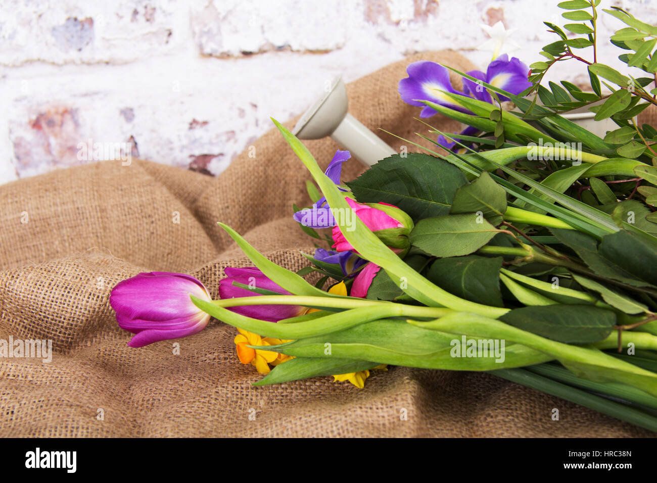 Spring cut flower arrangement against a rustic background Stock Photo ...