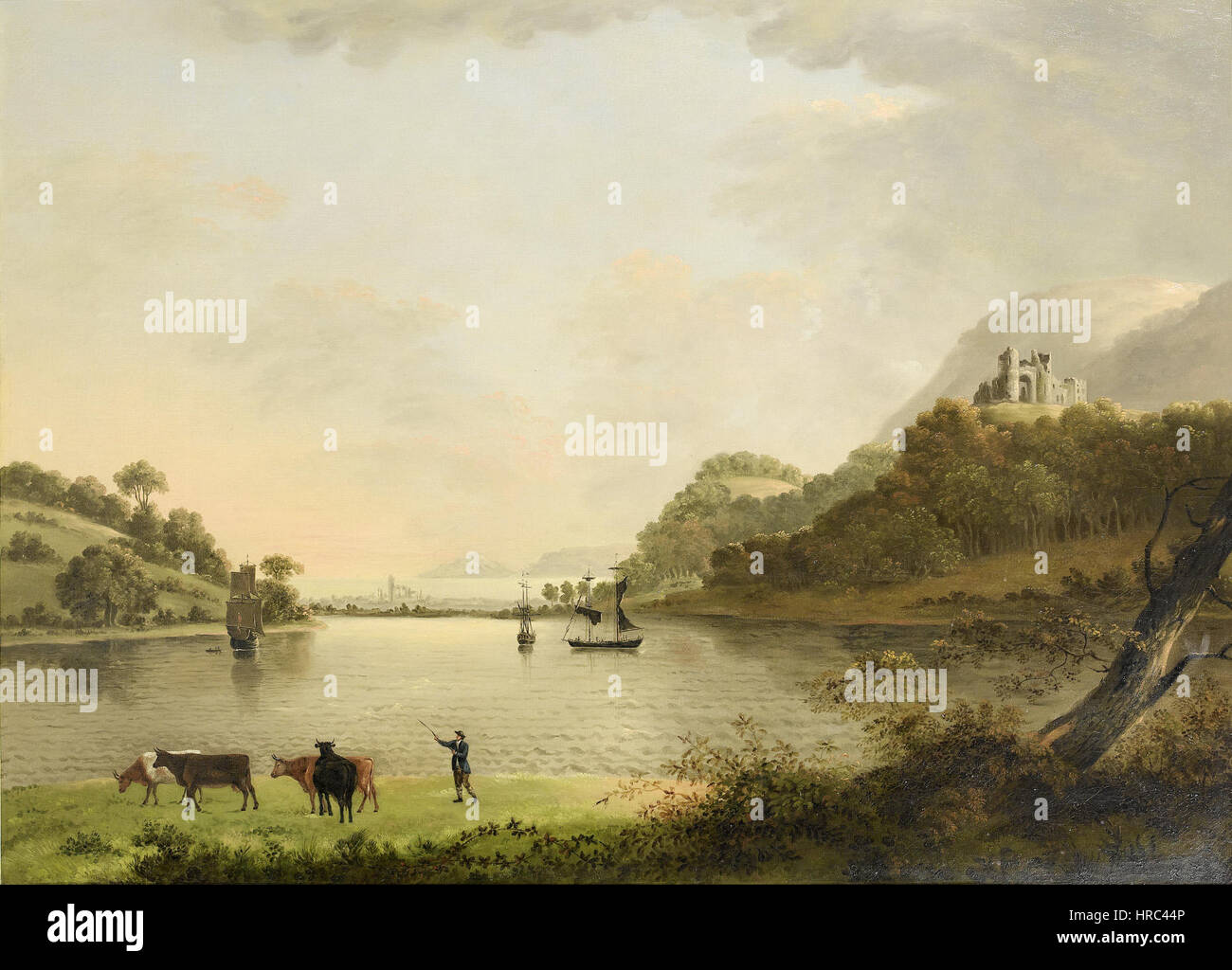 John Thomas Serres - A drover and his cattle with shipping at anchor in ...