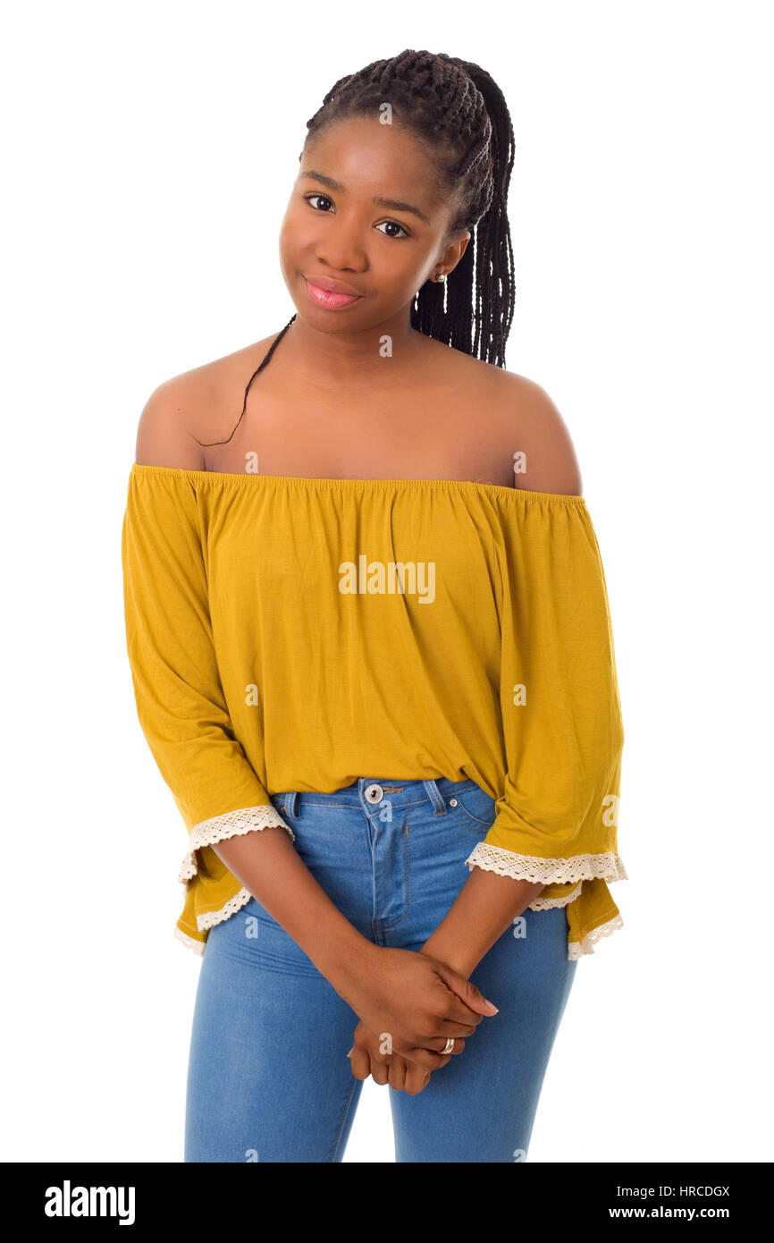 Happy african girl isolated on white background Stock Photo - Alamy