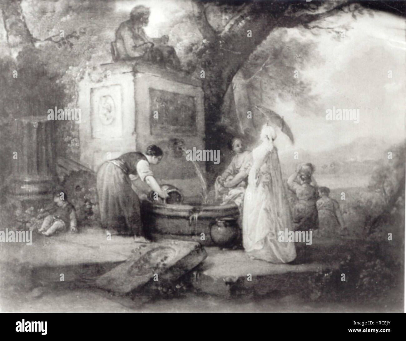 The painting 'Scene at a Well' captures a peaceful moment at a rural ...