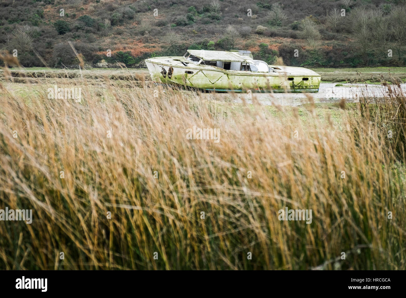 remains boat abandoned beached Gannel Estuary gloomy overcast day ...