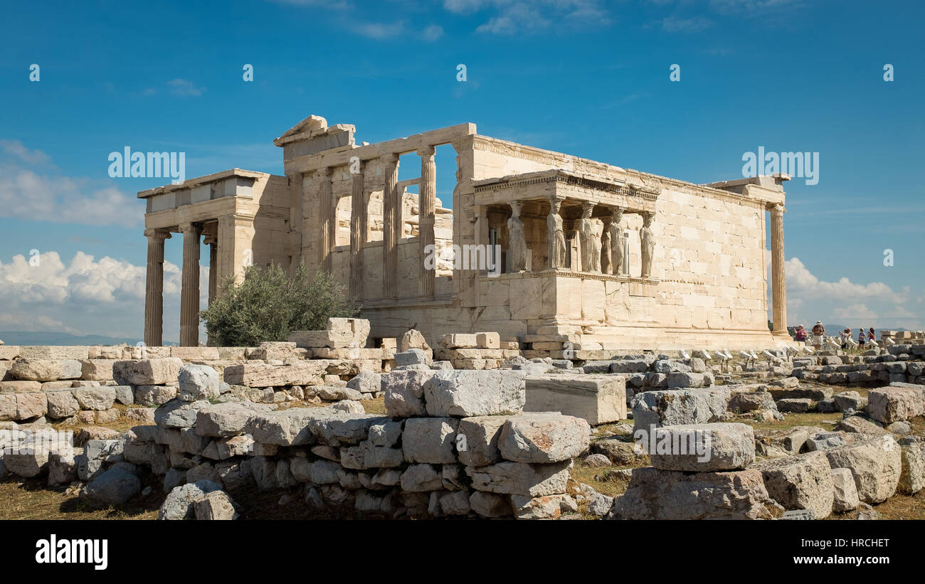 The ruins and stone carvings of the Erechtheion temple at the Acropolis ...