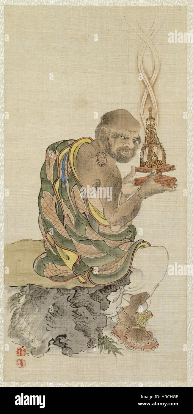 This leaf from a Japanese album by Shodo-sho depicts the Sixteen Lohans ...