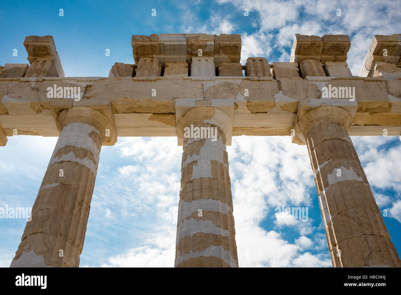 Detail of the old Doric columns at the Acropolis, Athens with a close ...