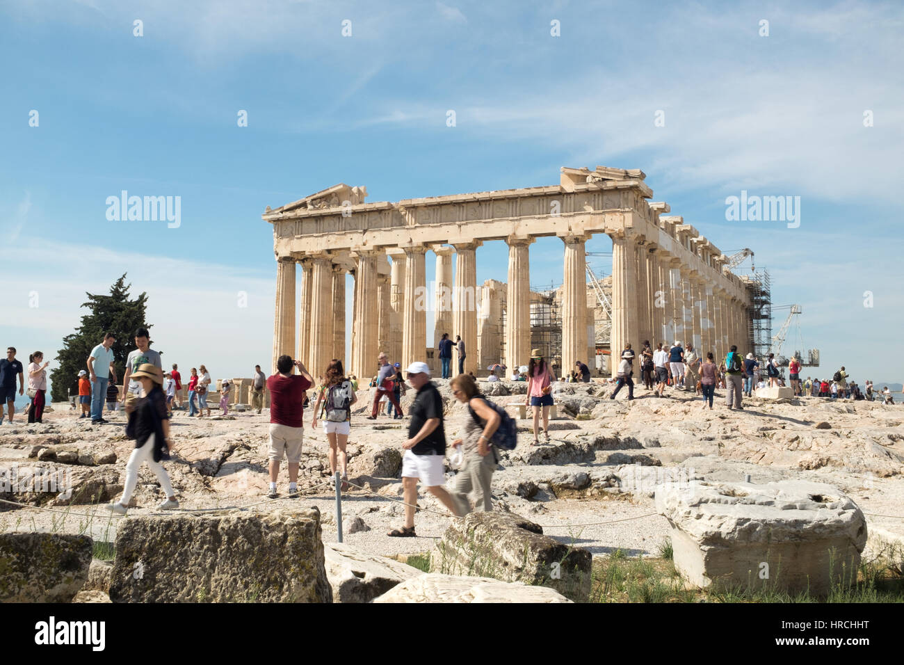 Crowds of tourists visiting the Acropolis, Athens on a sunny summer day ...