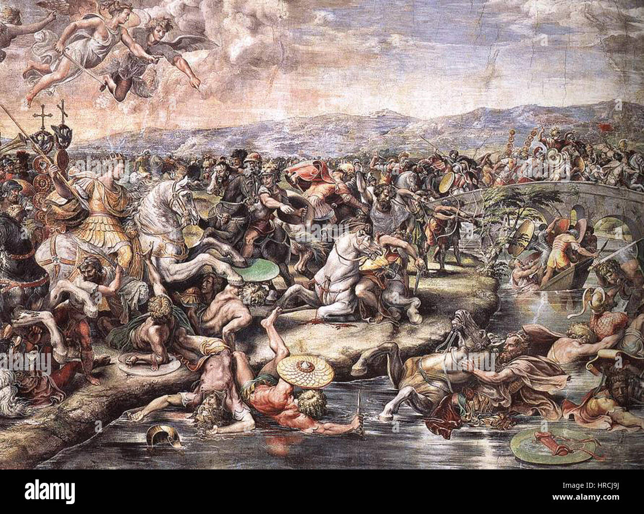This painting depicts the Battle of the Milvian Bridge, a pivotal moment in Roman history. The ...