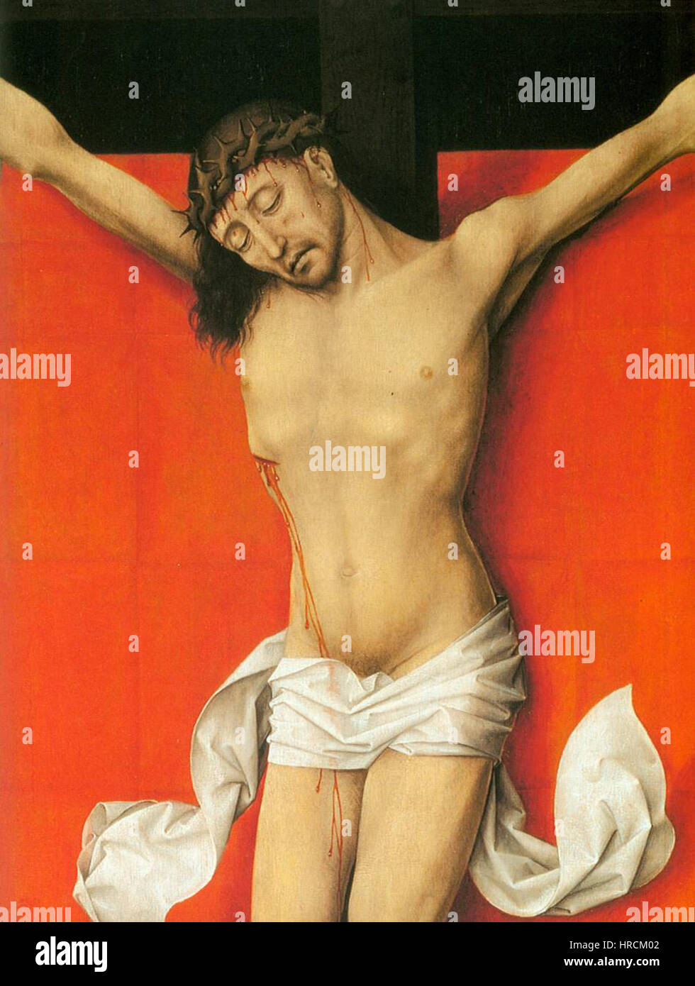 The Crucifixion Diptych by Rogier van der Weyden, particularly the right panel, depicts Christ's ...