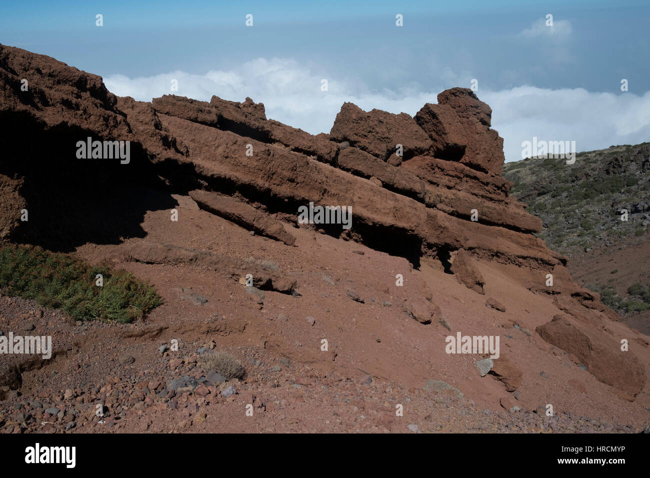 Red volcanic rock formations in the Caldera de Taburiente National Park ...