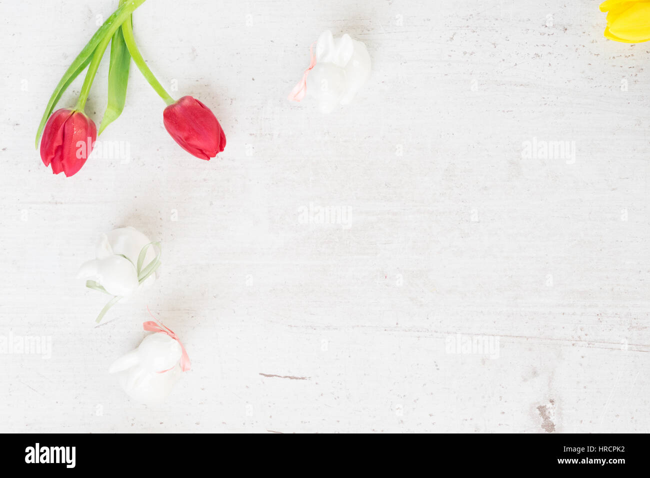 red and yellow tulips flowers and rabbits on white aged background ...