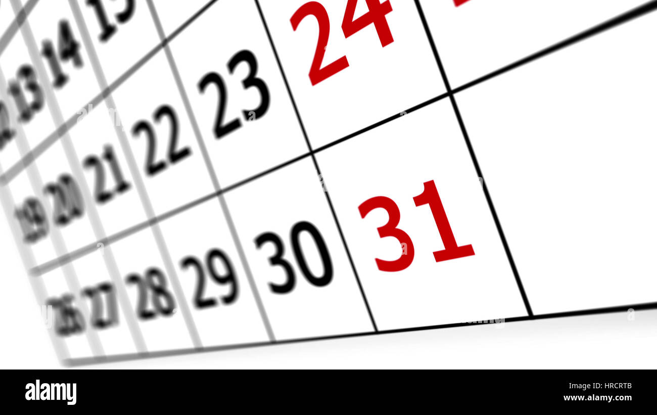 Calendar page with date of 31st. Shallow Stock Photo - Alamy