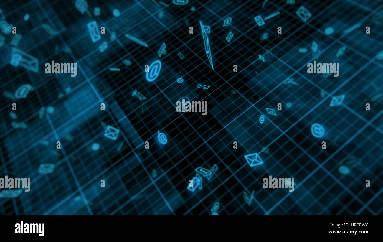 Background with media email icons on a dark grid background. 3d ...