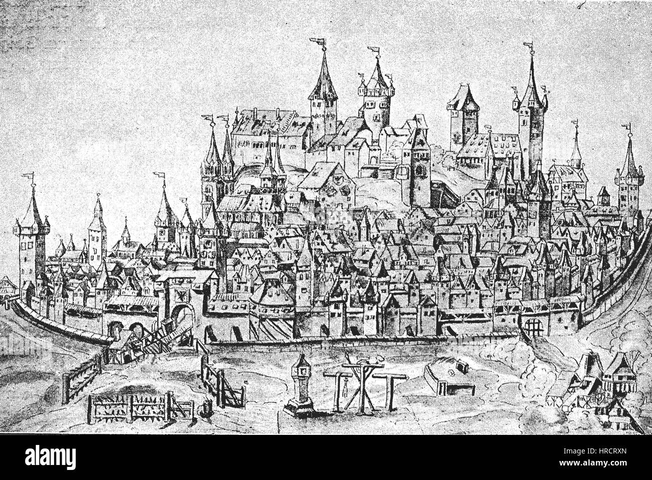 The view of the city of Nuremberg in the 15th century, Germany ...