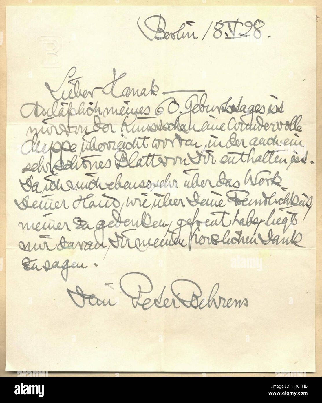 Peter Behrens Brief an Anton Hanak 1928-05-18 Stock Photo - Alamy