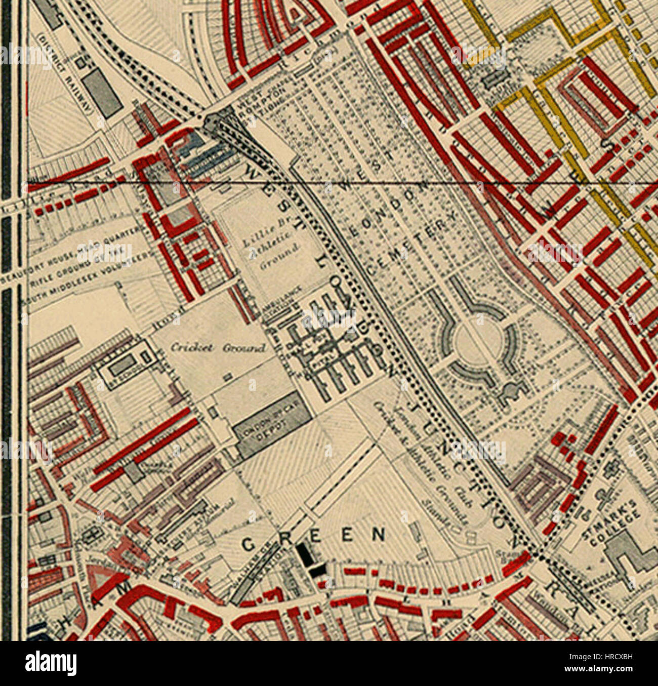 Charles Booth 1889 map - detail showing Lillie Bridge Stock Photo - Alamy