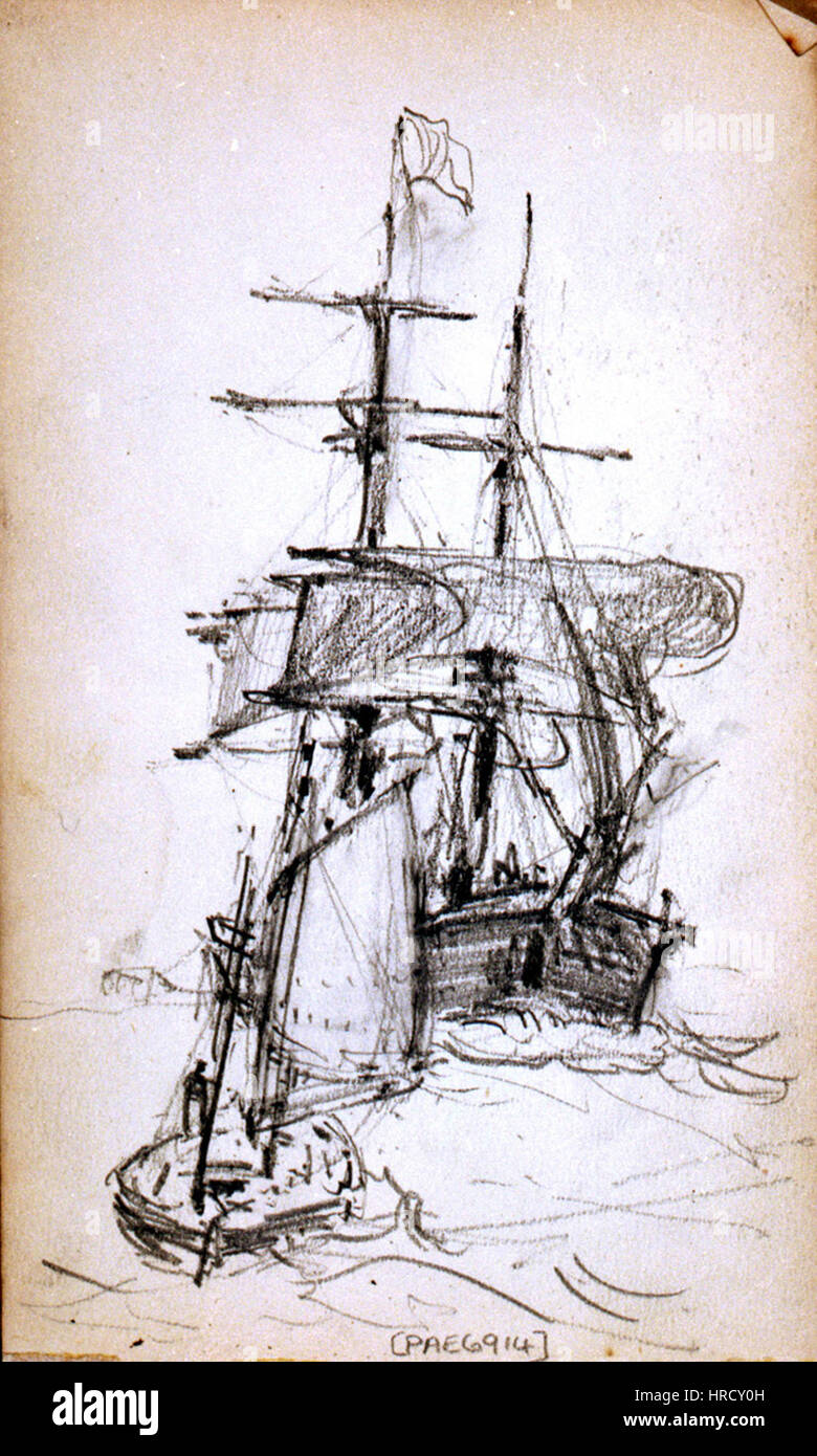 Ernest Dade - Sketch of small sailing craft and a square-rigger Stock ...