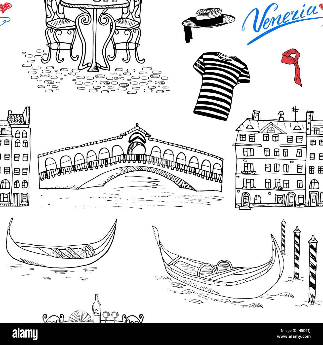 Venice Italy seamless pattern. Hand drawn sketch with gondolas ...