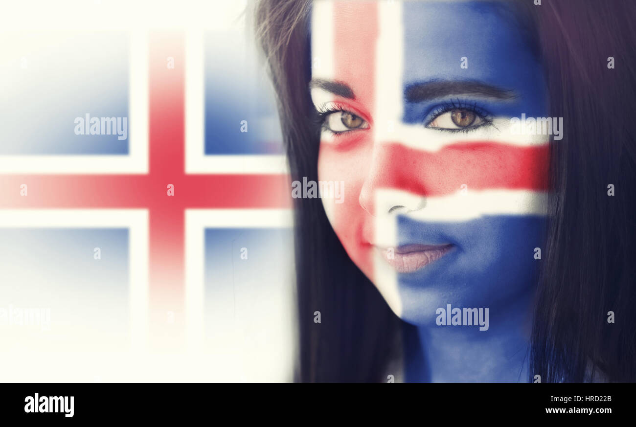 The flag of Iceland on the face of a smiling woman. / Color effects and ...