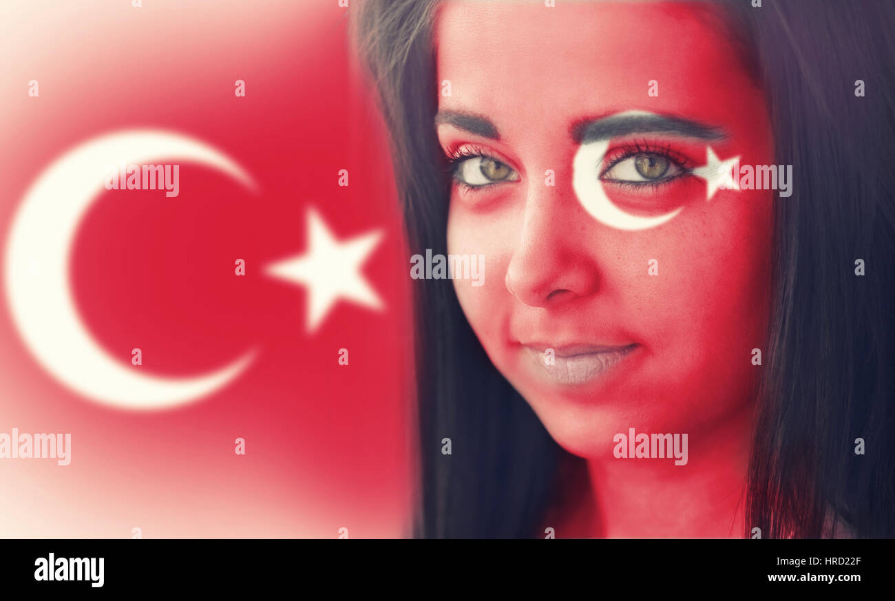 The flag of Turkey on the face of a smiling woman. / Color effects and ...