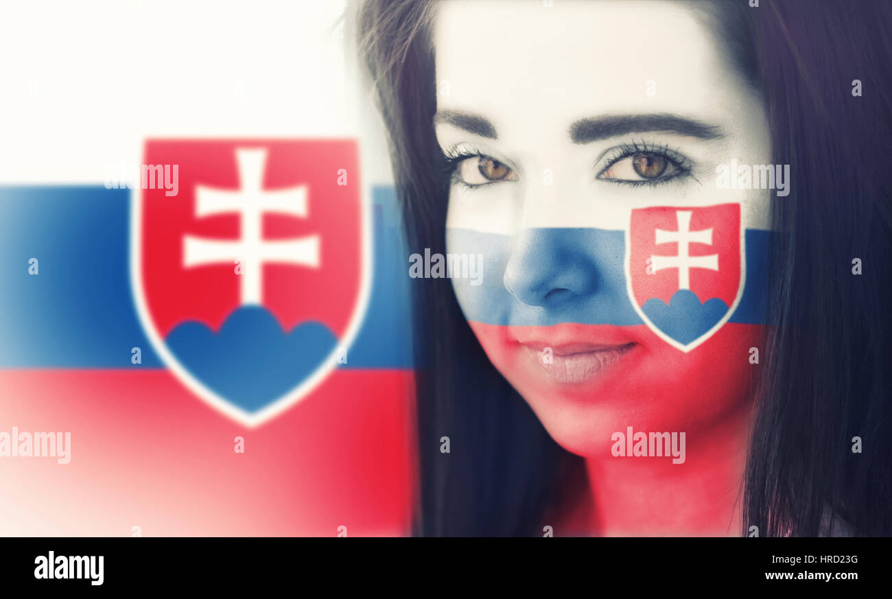 The flag of Slovakia on the face of a smiling woman. / Color effects ...