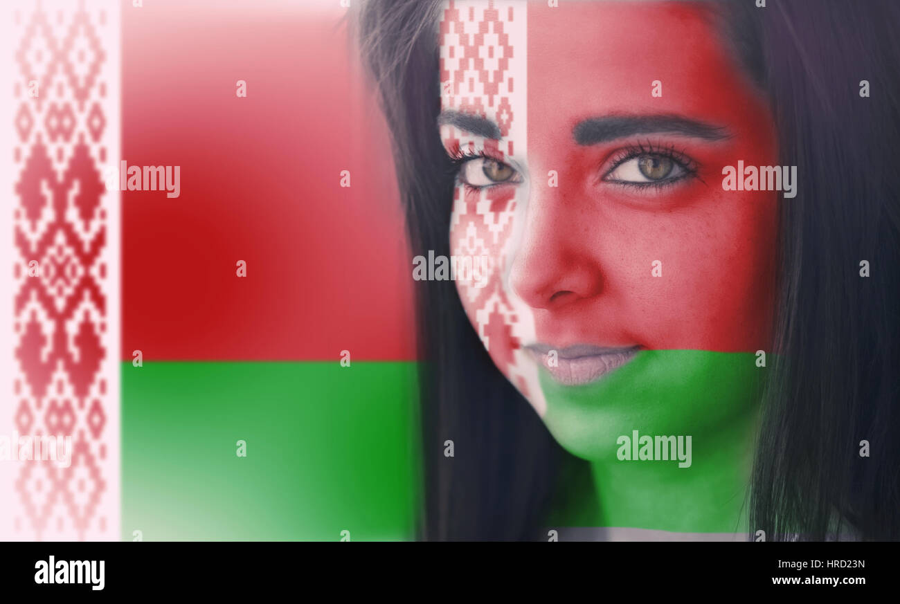 The flag of Belarus on the face of a smiling woman. / Color effects and ...