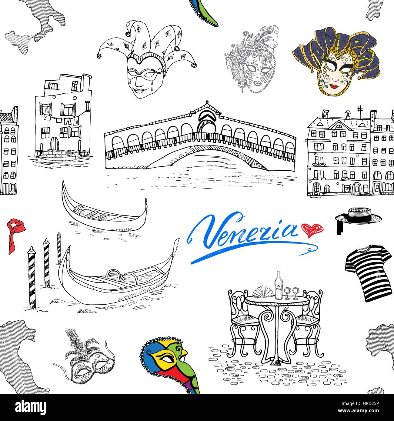 Venice Italy seamless pattern. Hand drawn sketch with map of Italy ...