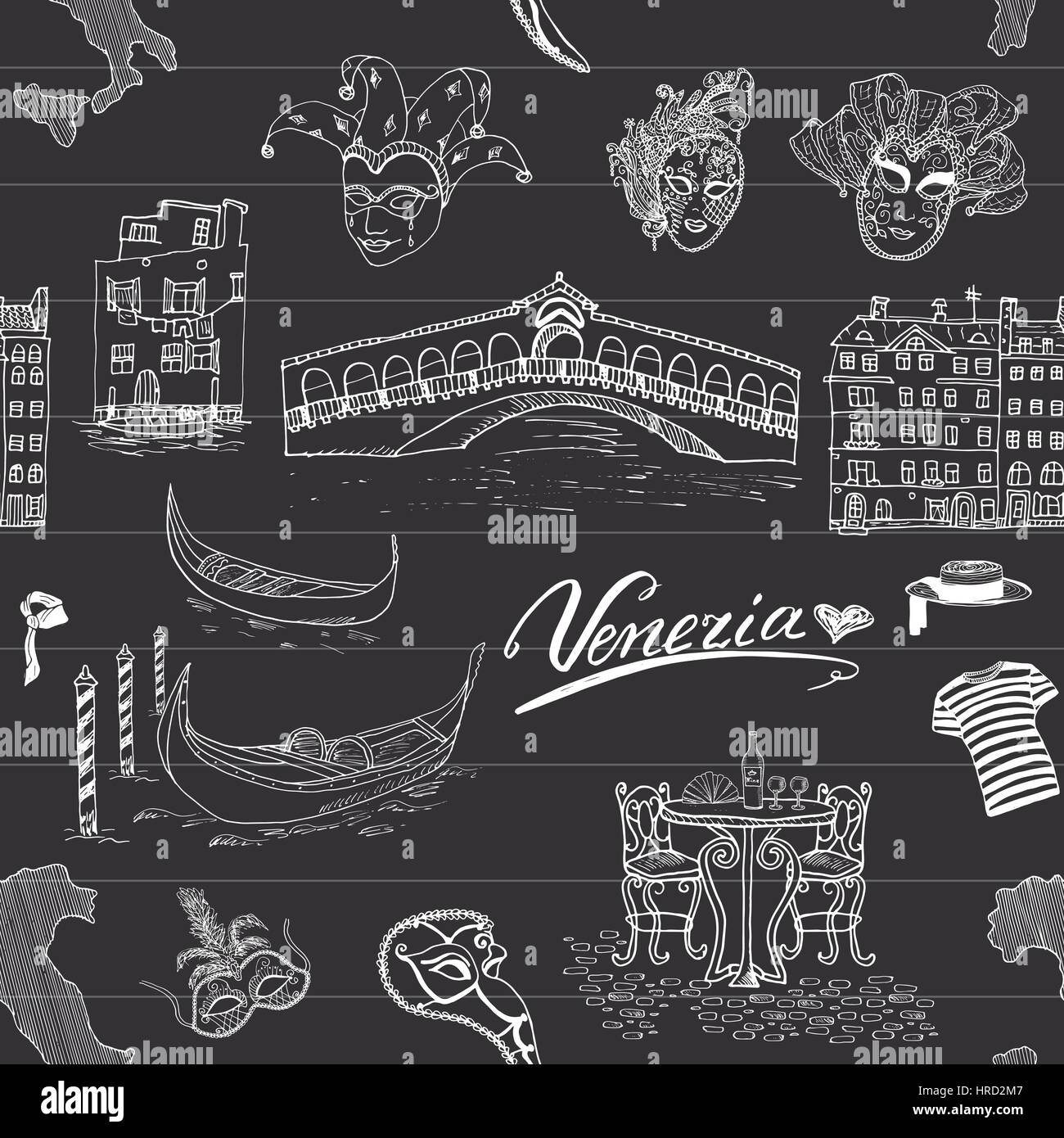 Venice Italy seamless pattern. Hand drawn sketch with map of Italy ...