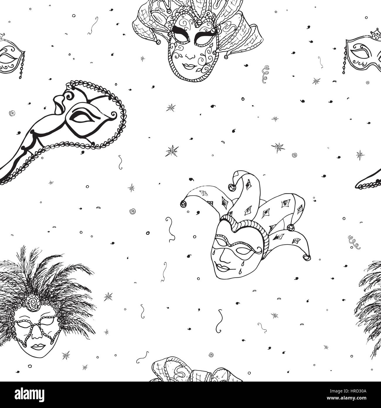 Venice Italy carnival masks seamless pattern. Hand drawn sketch Italian ...