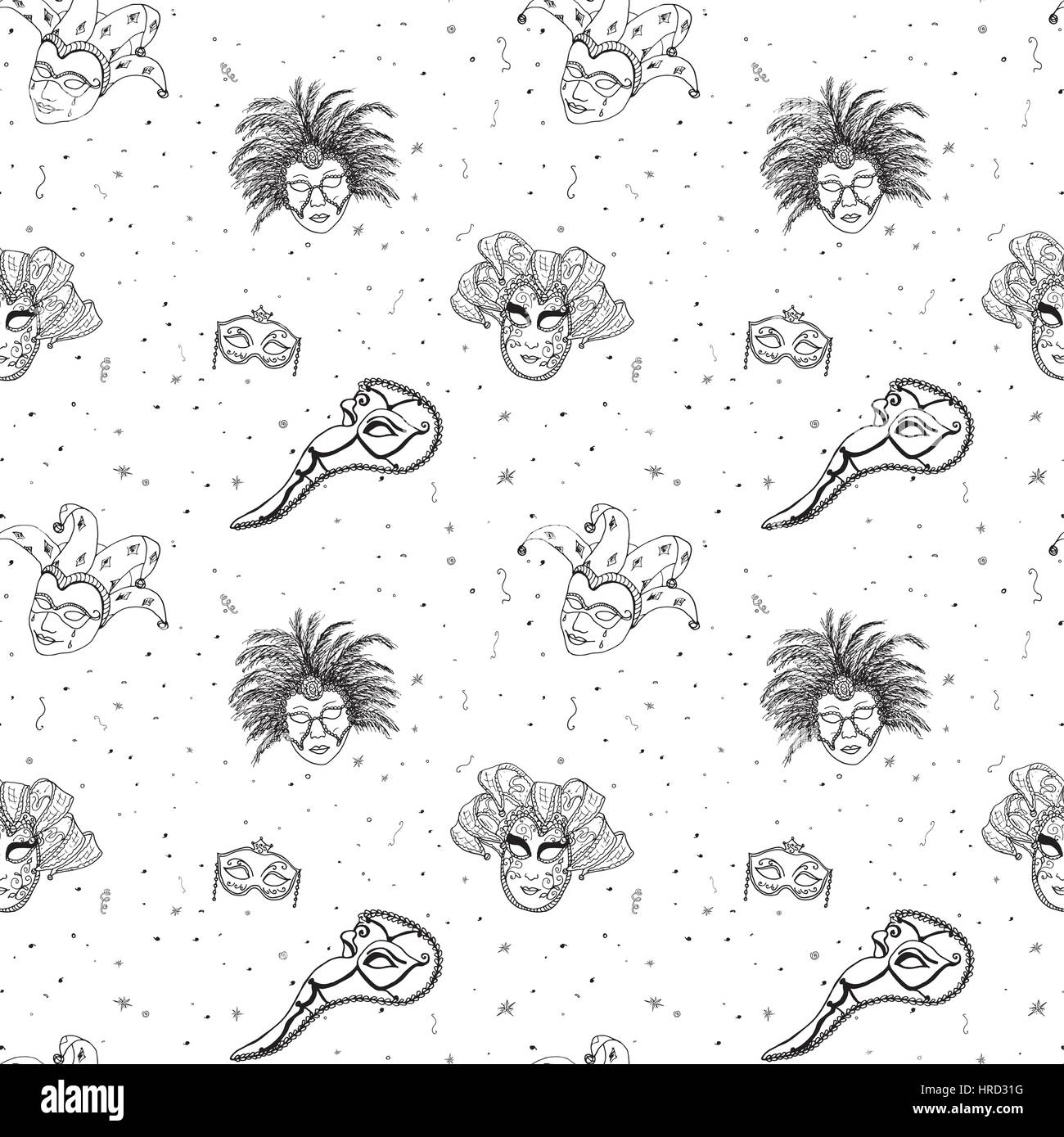 Venice Italy carnival masks seamless pattern. Hand drawn sketch Italian ...