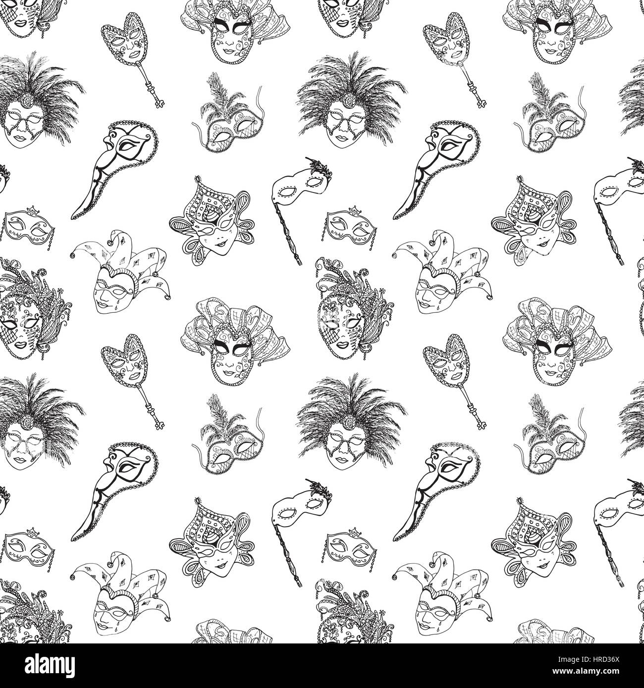 Venice Italy carnival masks seamless pattern. Hand drawn sketch Italian ...
