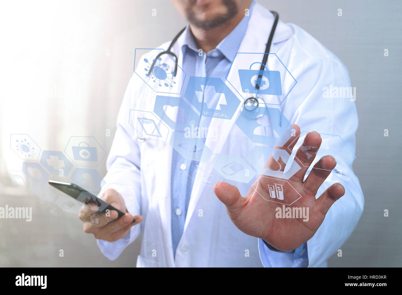 Medical technology concept. Doctor hand working with modern smart phone ...