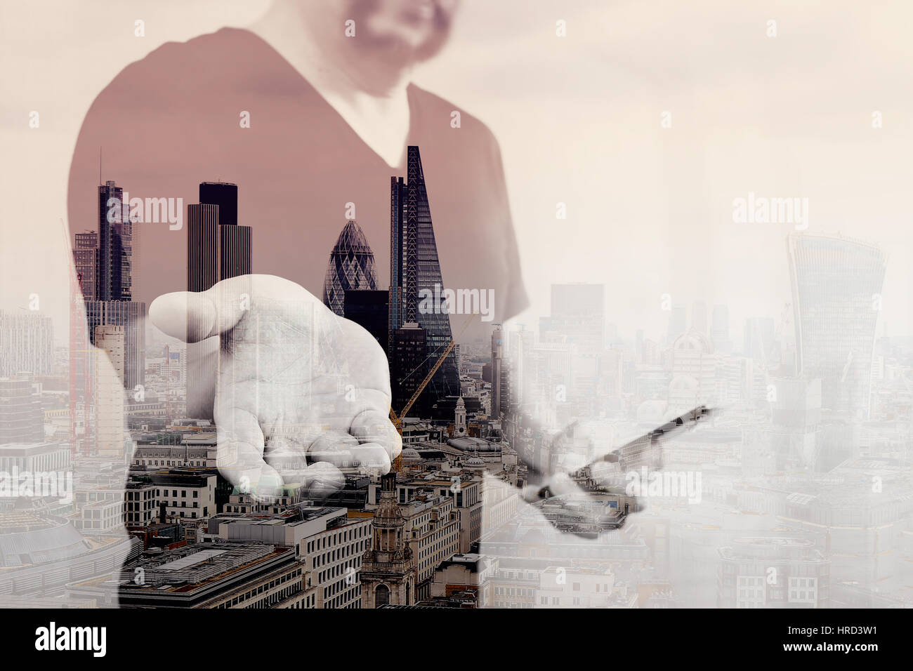 Double exposure of Designer hand pressing an imaginary button,holding ...